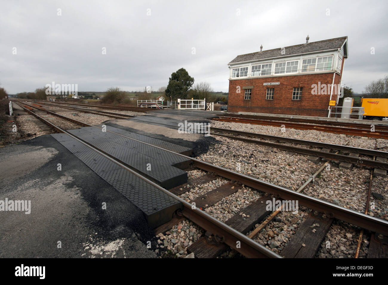 A view across the railway tracks at Bishton Crossing, South Wales Stock ...