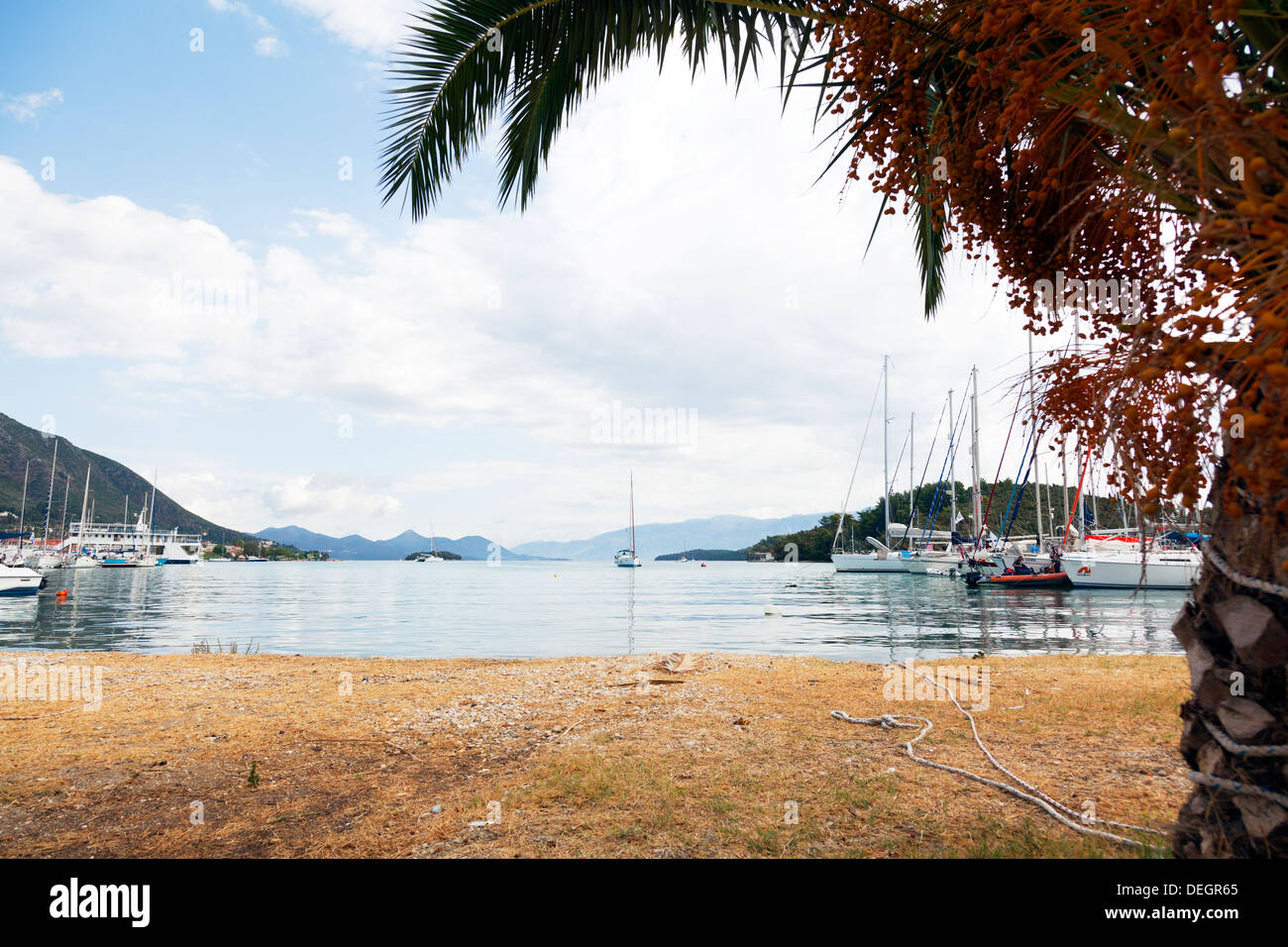 Nidri harbour harbor boats yachts scene idyllic location resort Lefkas ...