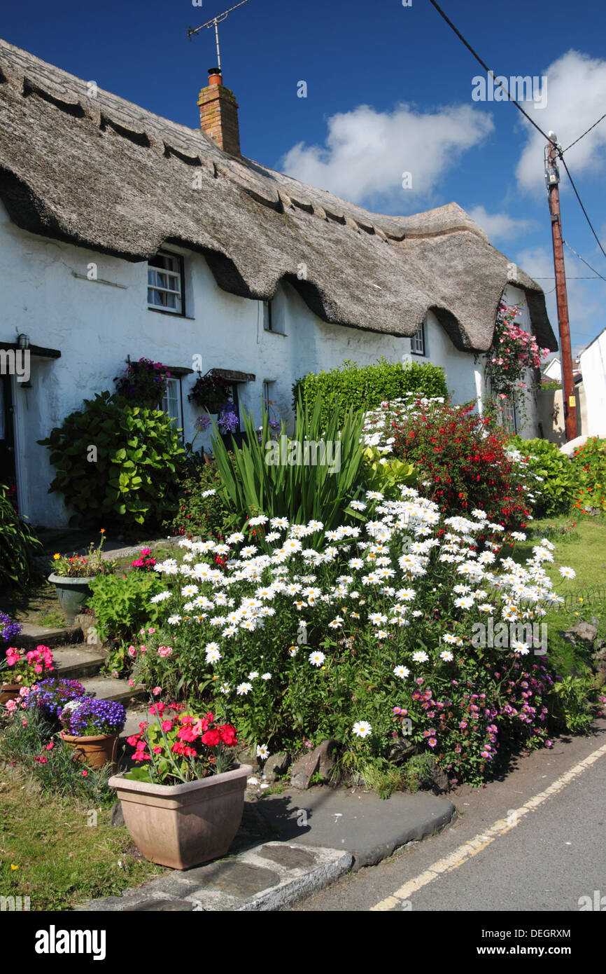 Thatched cottage with flowers in the garden Stock Photo - Alamy