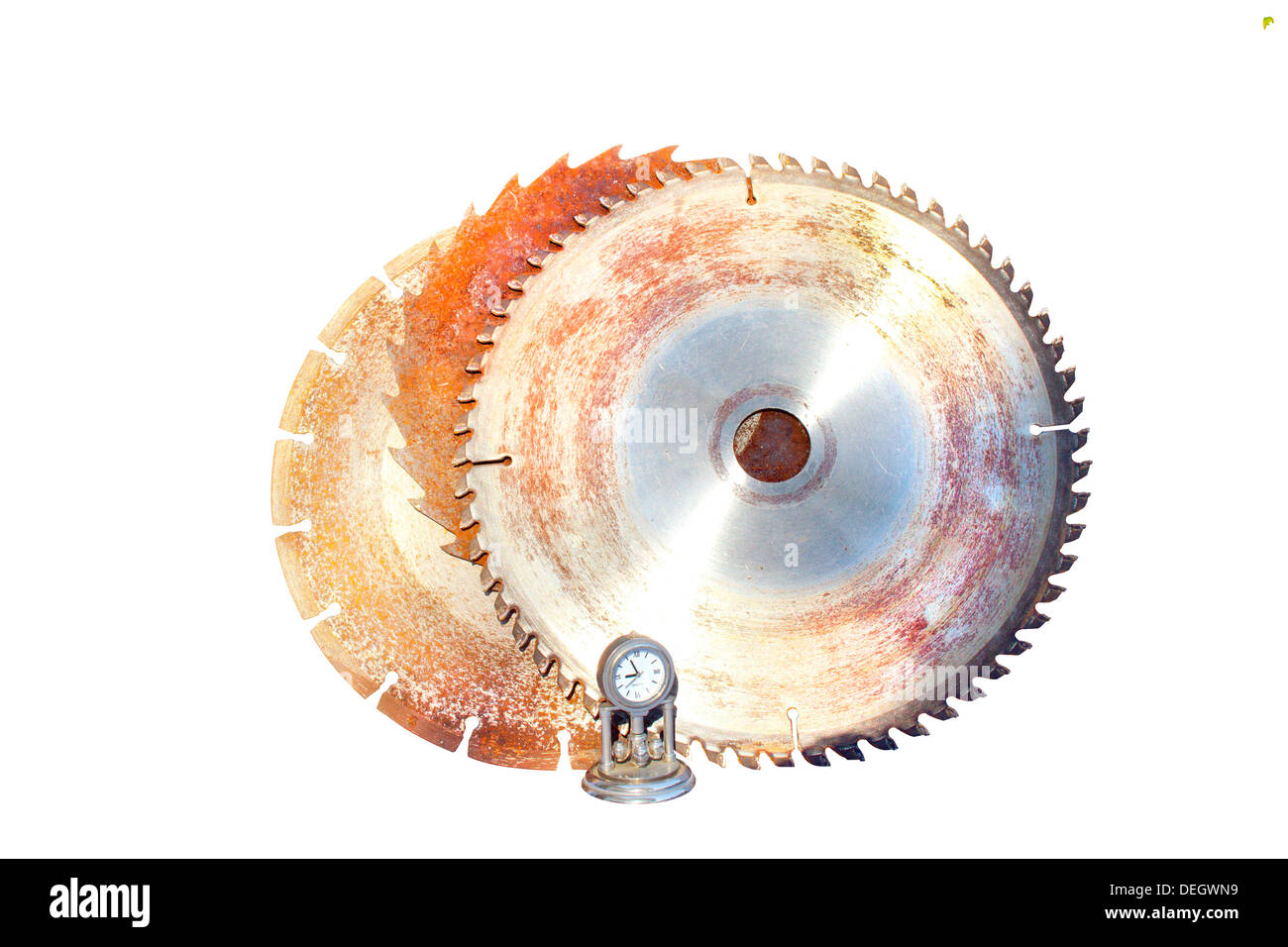 Three isolated saw blades with time clock Stock Photo - Alamy