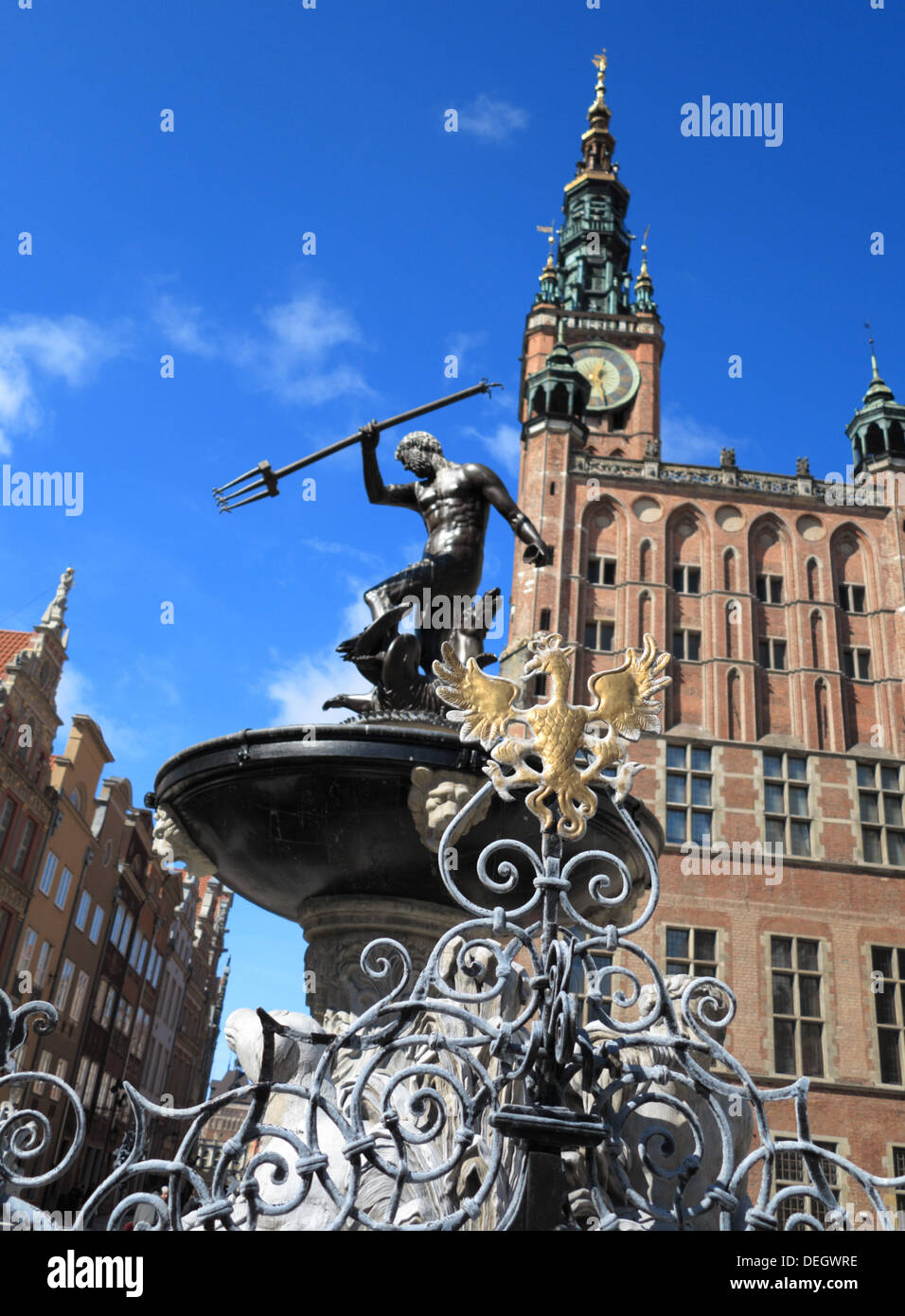Neptune Fountain and the Main Town Hall in city Gdansk - Poland Stock ...