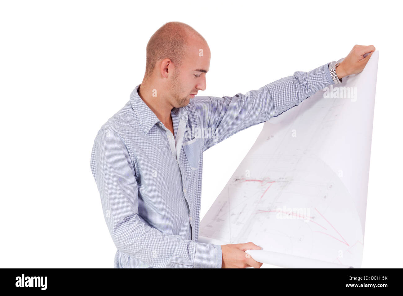 young adult businessman architect with blueprint portrait isolated ...
