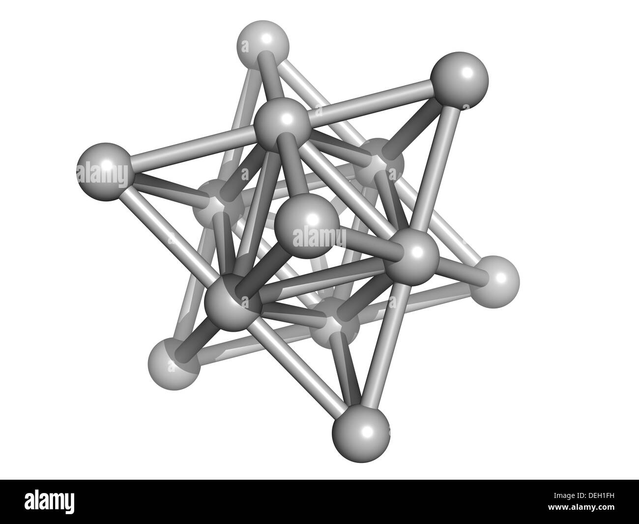 Silver metal (Ag), crystal structure. Unit cell. Atoms are represented ...