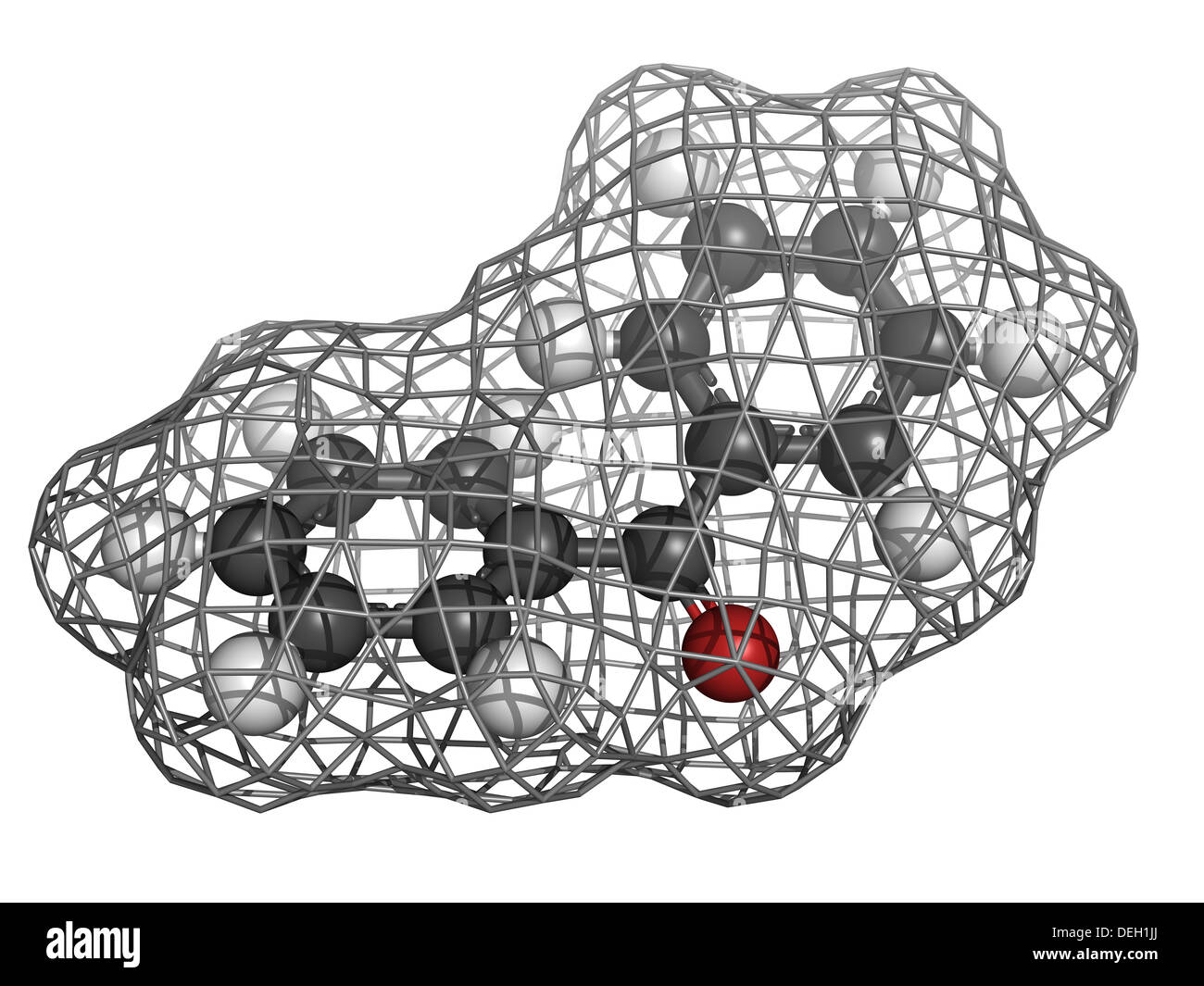Benzophenone molecule, chemical structure. Atoms are represented as ...
