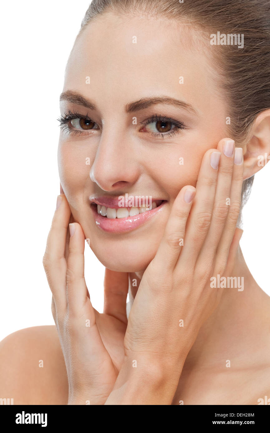 beautiful young woman with perfect skin and soft make up isolated on ...