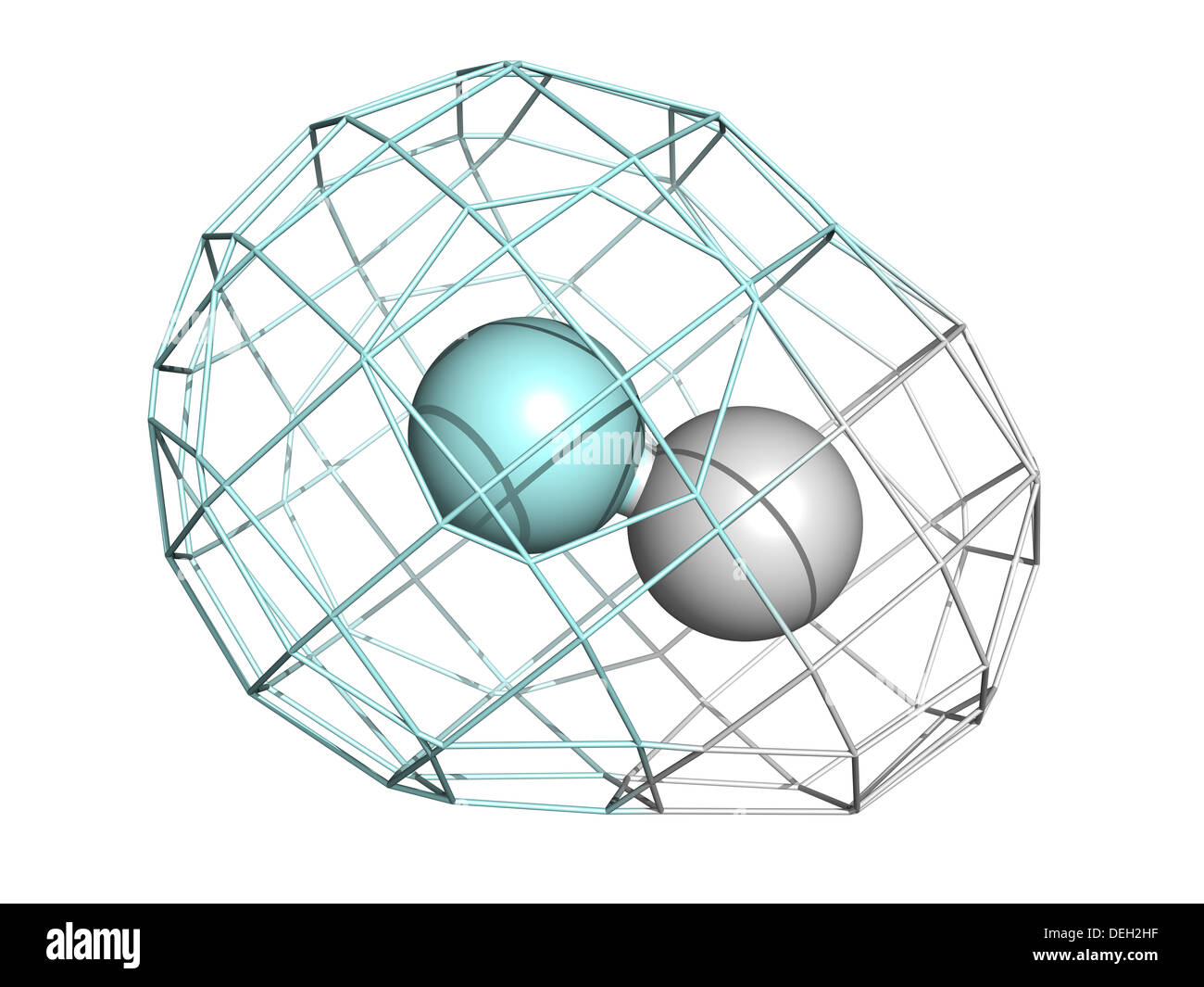 Hydrogen fluoride (HF) molecule, chemical structure. Highly dangerous ...
