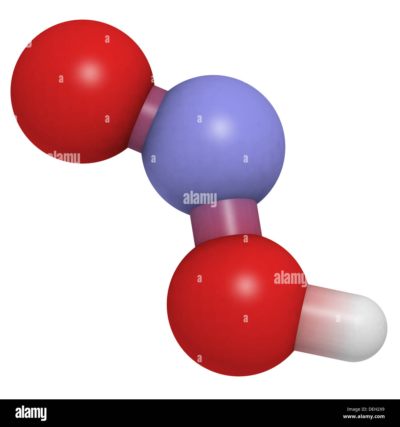 Nitrous acid (HNO2) molecule, chemical structure. Atoms are represented ...