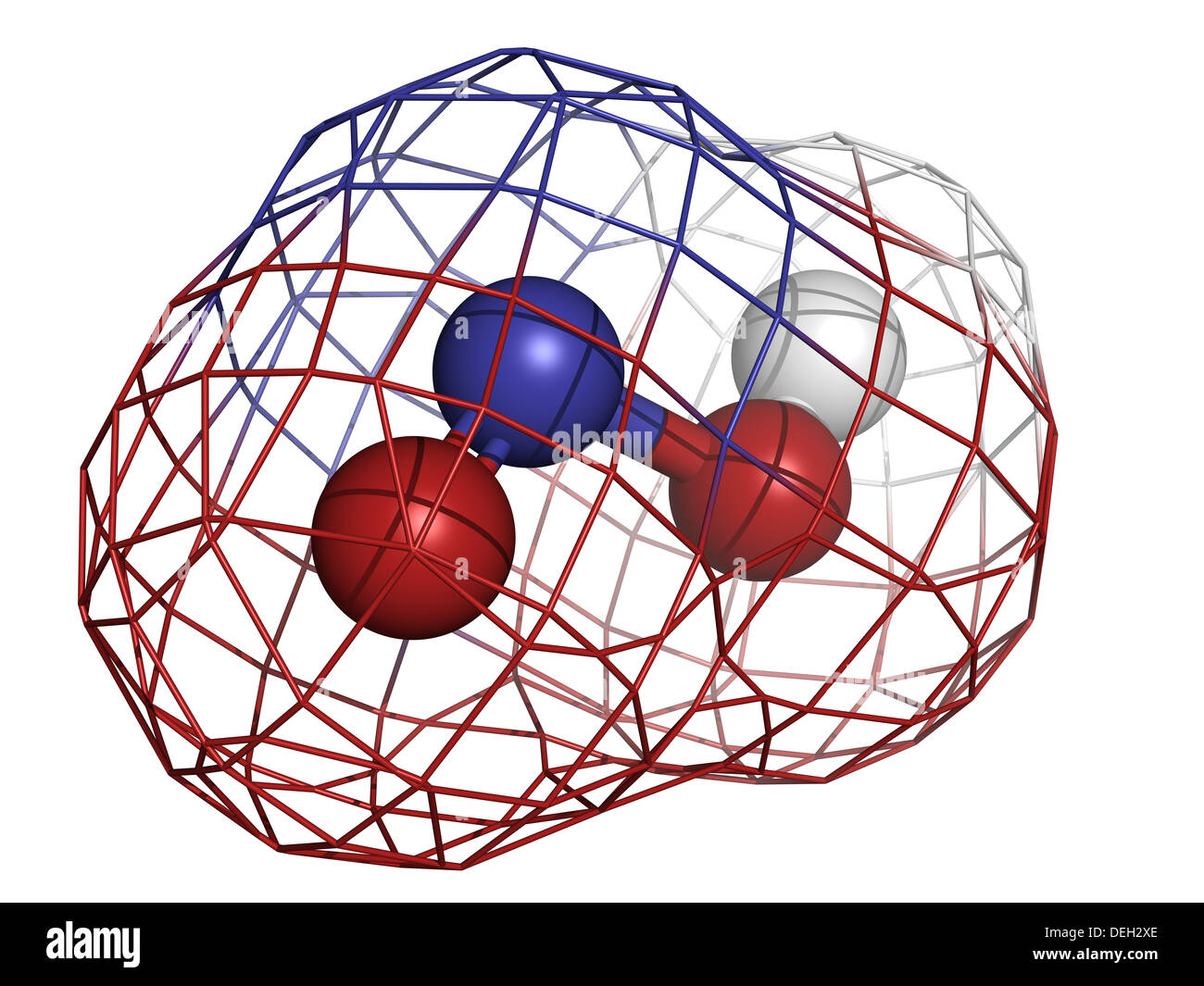 Nitrous acid (HNO2) molecule, chemical structure. Atoms are represented ...