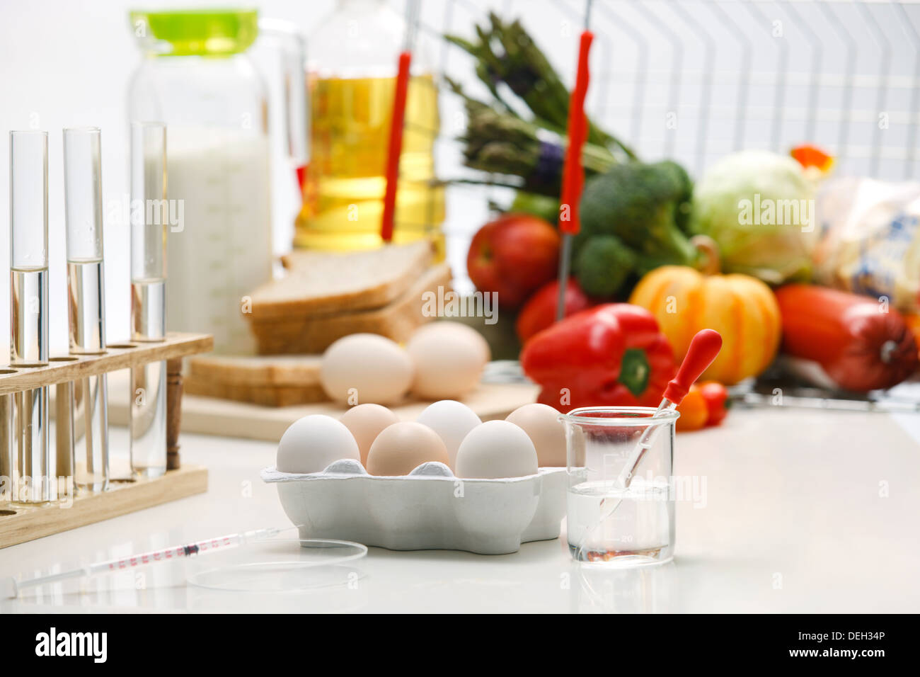Vessels and healthy food in laboratory Stock Photo - Alamy