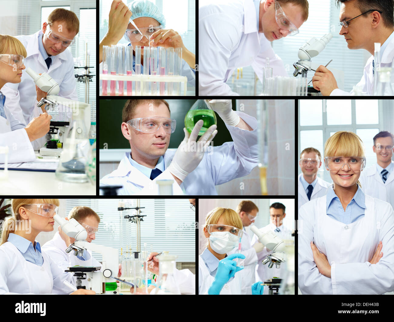 Group of clinicians experimenting with new substance in laboratory ...