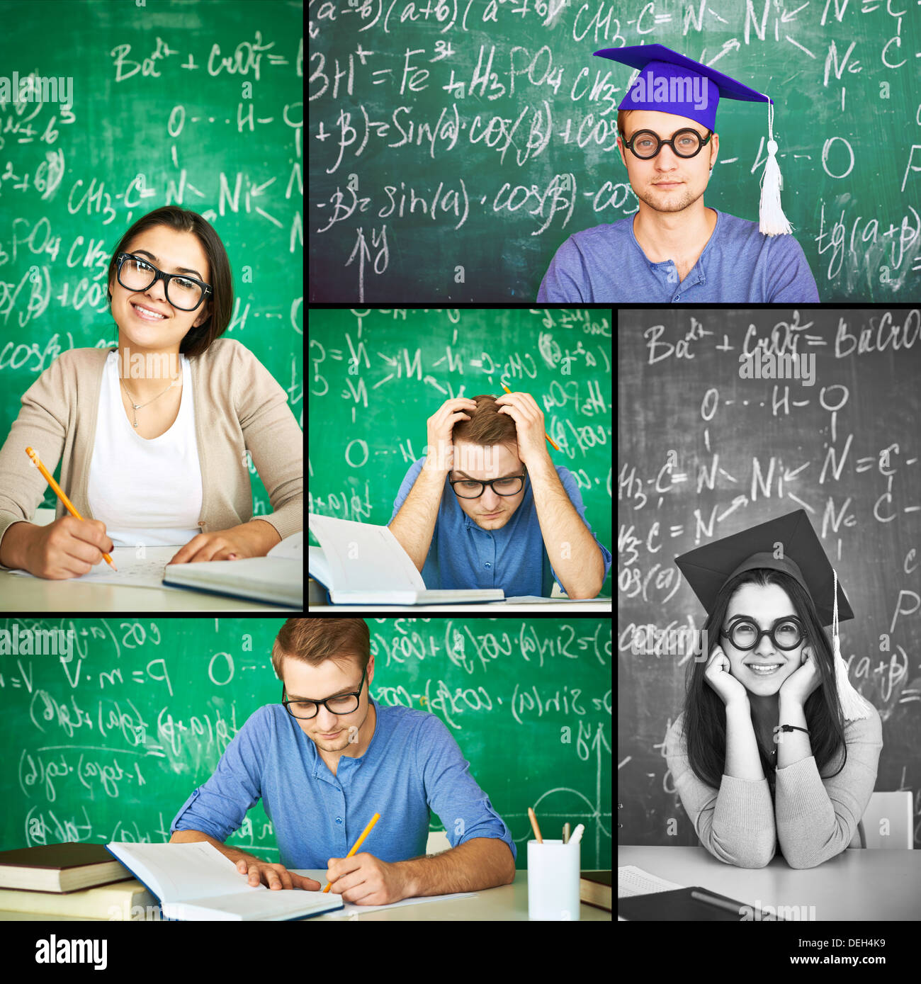 Collage of smart students working by the desk with chalkboard on ...