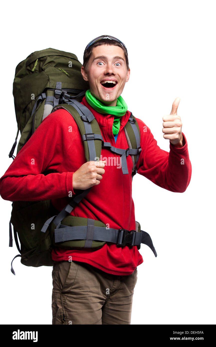 Full length portrait of a hiker with backpack posing isolated on white ...