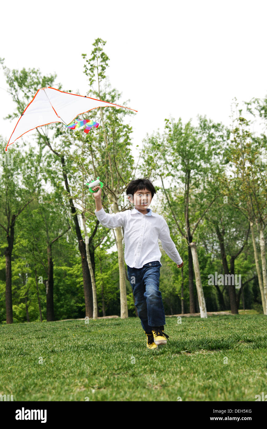 A boy playing kite outside Stock Photo - Alamy