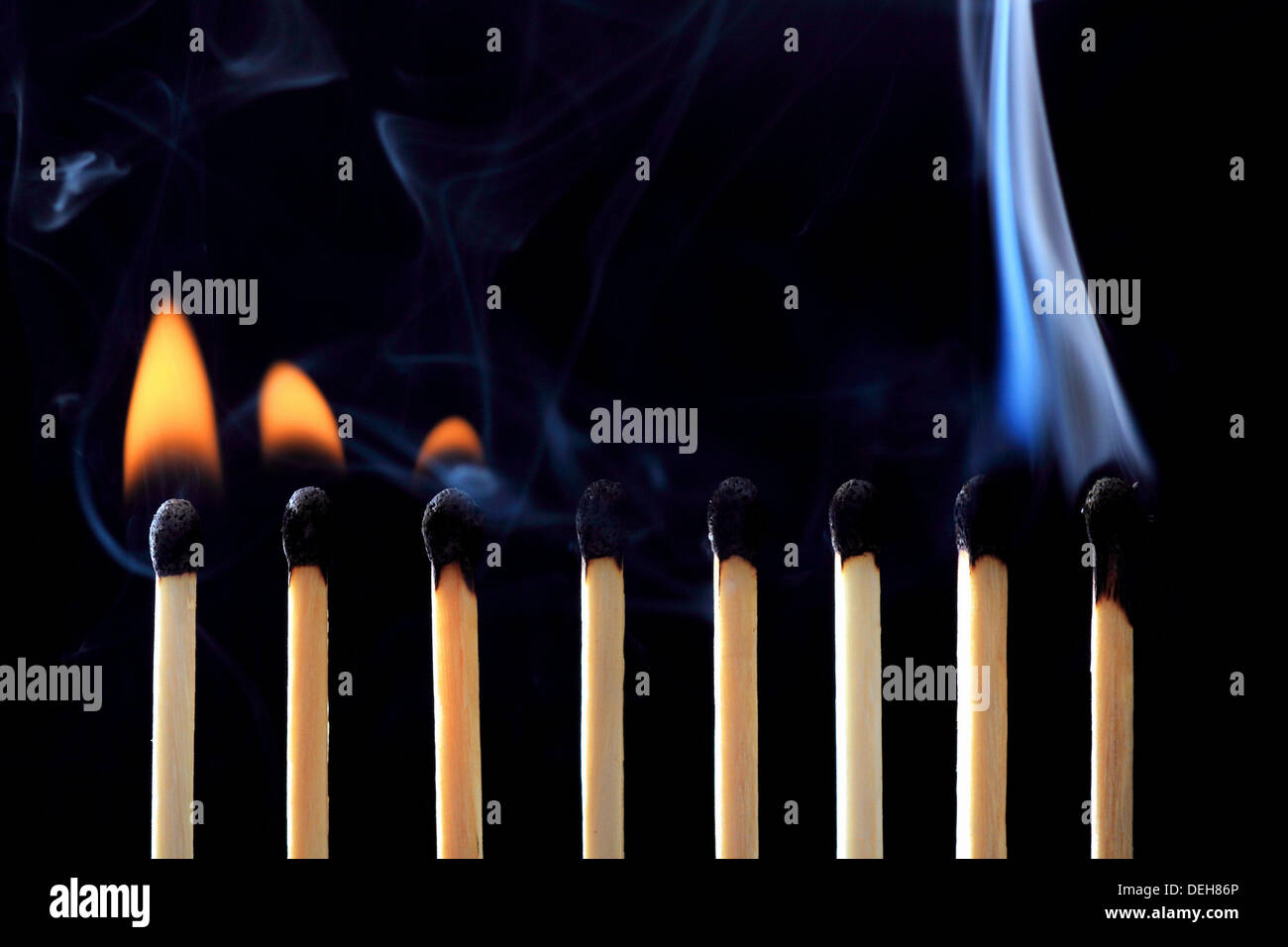 Close up of matches on fire, line of fire, smoking, Studio, Switzerland ...