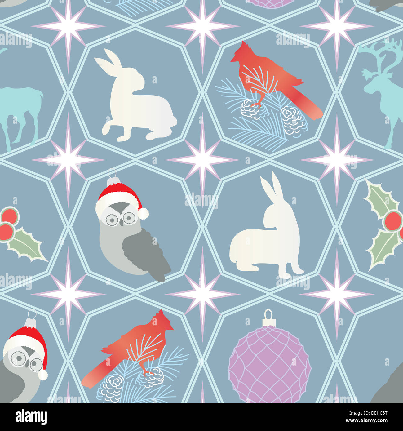 Repeating holiday background with Christmas ornaments and wildlife ...