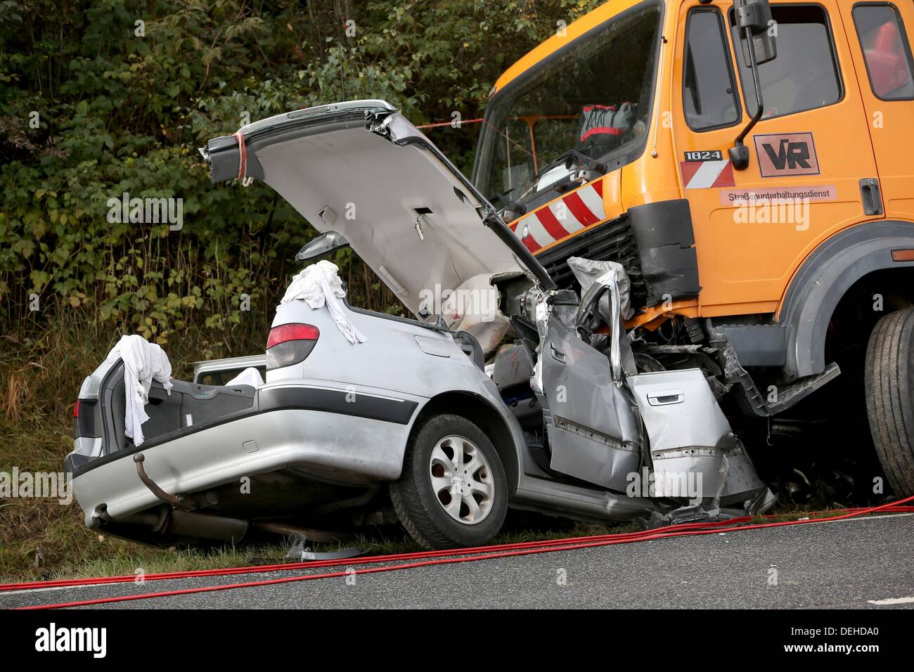 Heidenrod, Germany. 19th Sep, 2013. An accident site of a head on ...