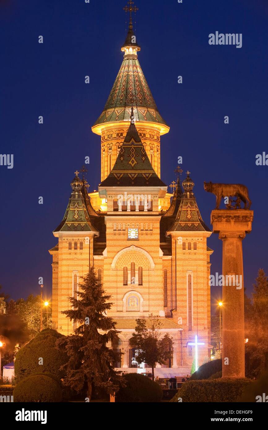 Metropolitan Cathedral/ Romulus & Remus column Timisoara Romania Stock ...