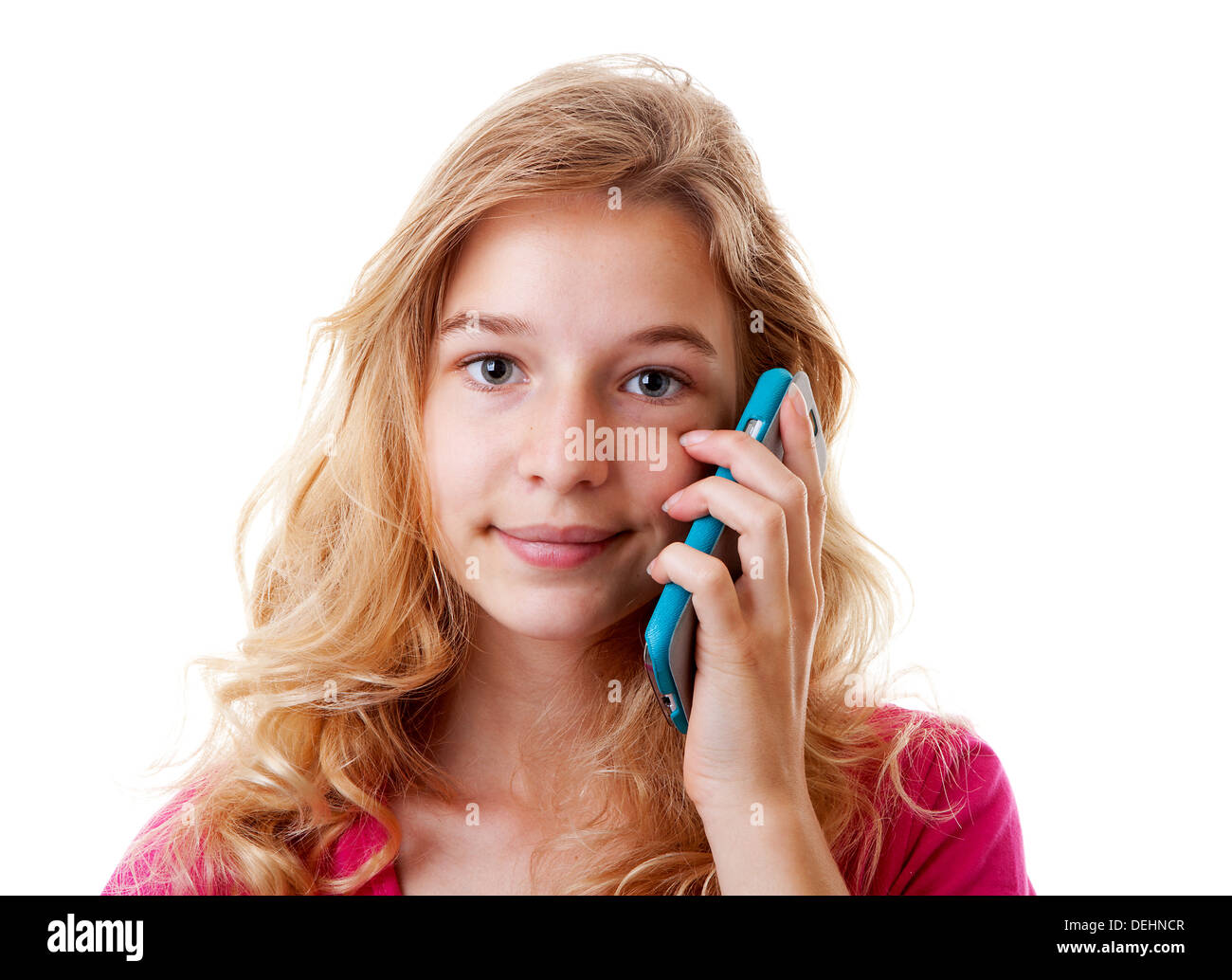 Girl is calling on mobile phone over white background Stock Photo - Alamy