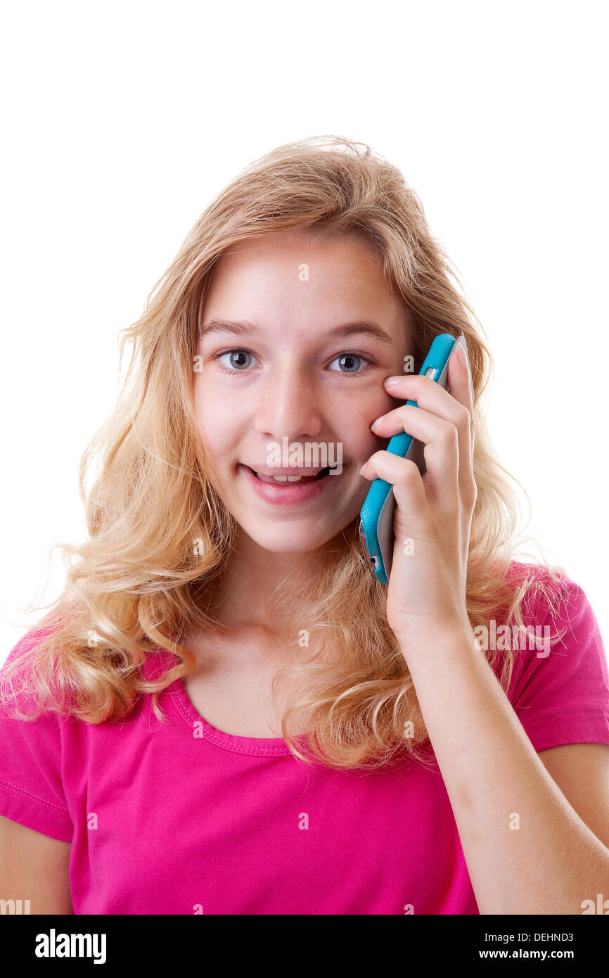 Portrait happy girl mobile hi-res stock photography and images - Alamy