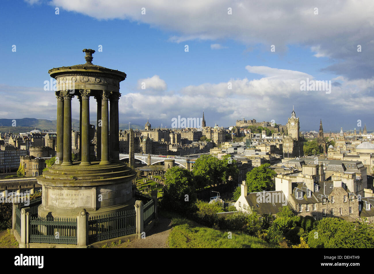 Dugald Stewart Monument and princes Street at background Calton Hill ...