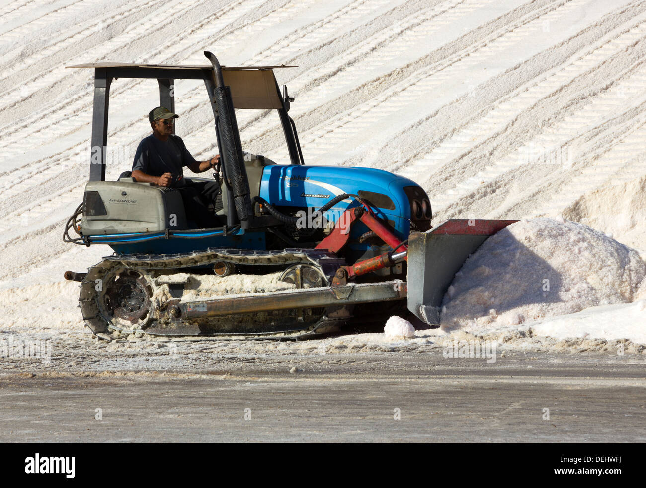 Portuguese bulldozer driver moving salt Stock Photo - Alamy
