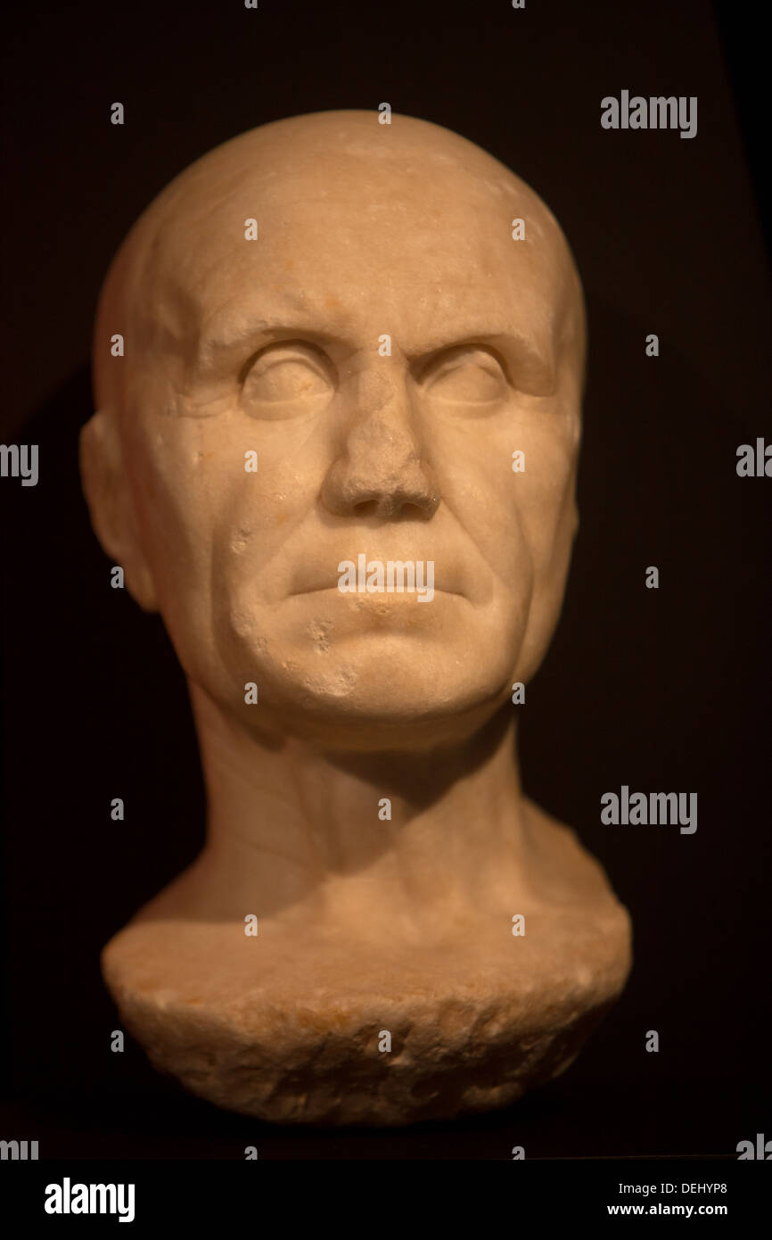 A bust of an elderly Roman is displayed in the Archaeological Museum of ...