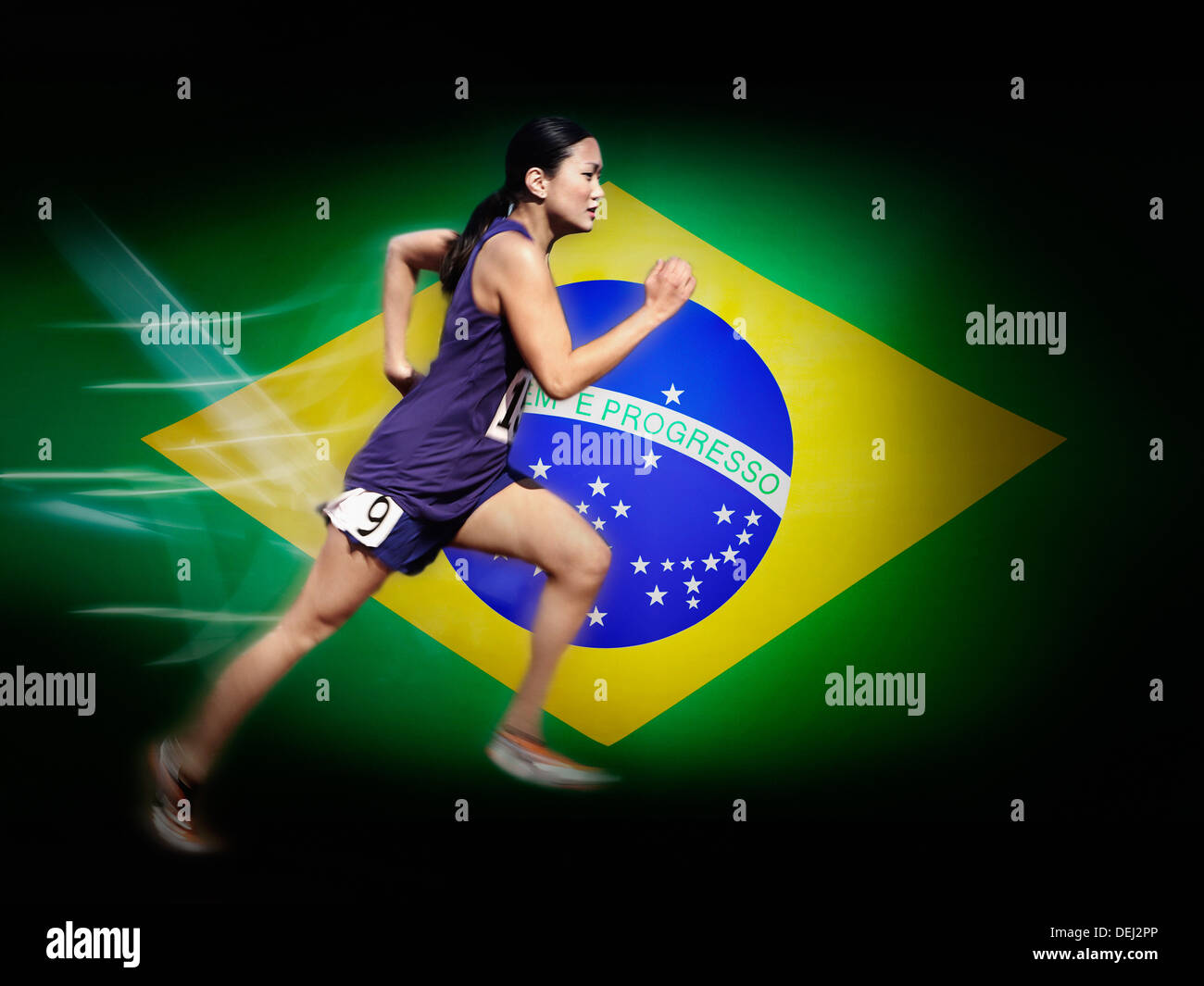 Asian woman running front Brazilian Flag Stock Photo - Alamy
