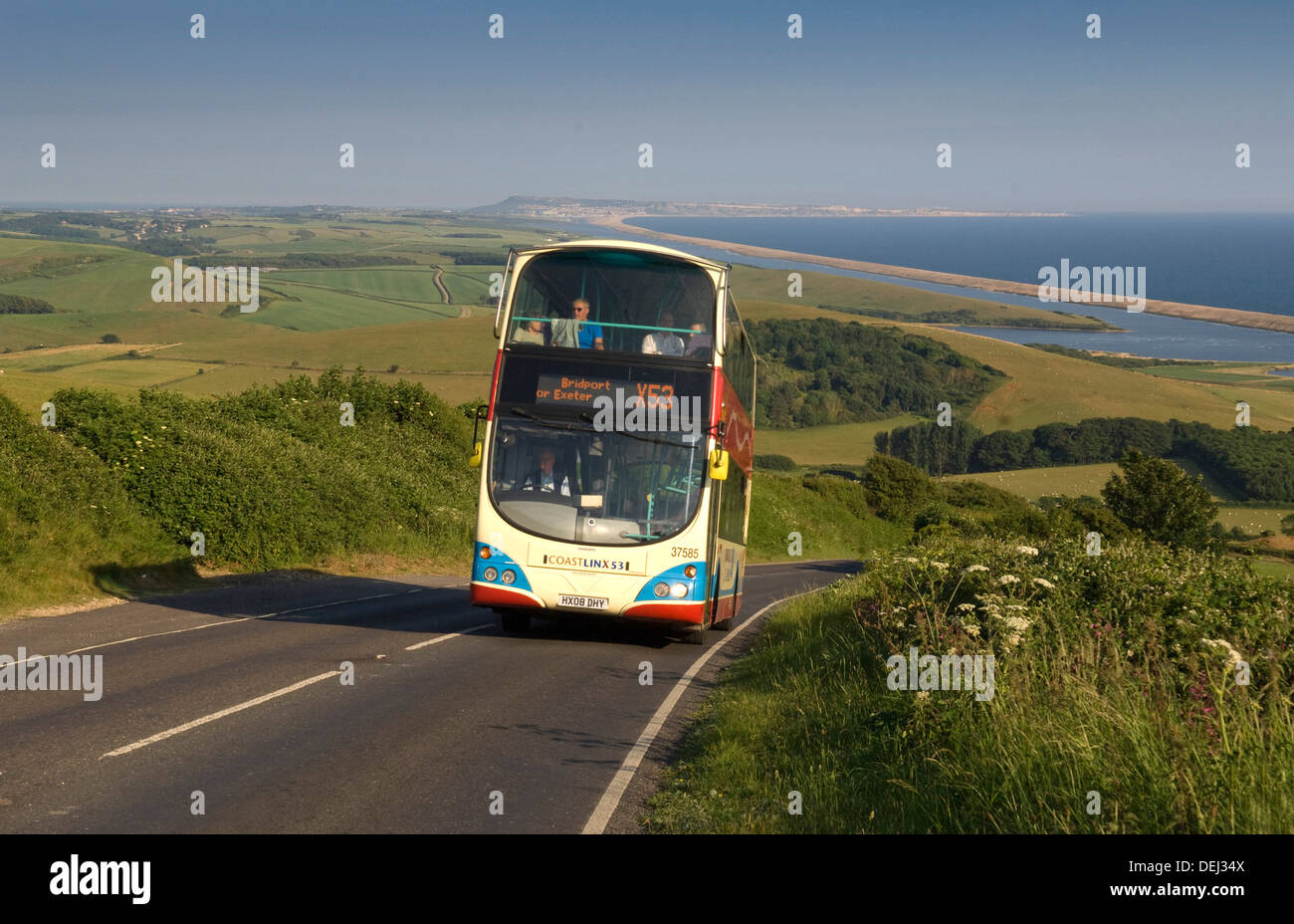 A scheduled X53,double-decker bus travelling on the B3157 road on the ...