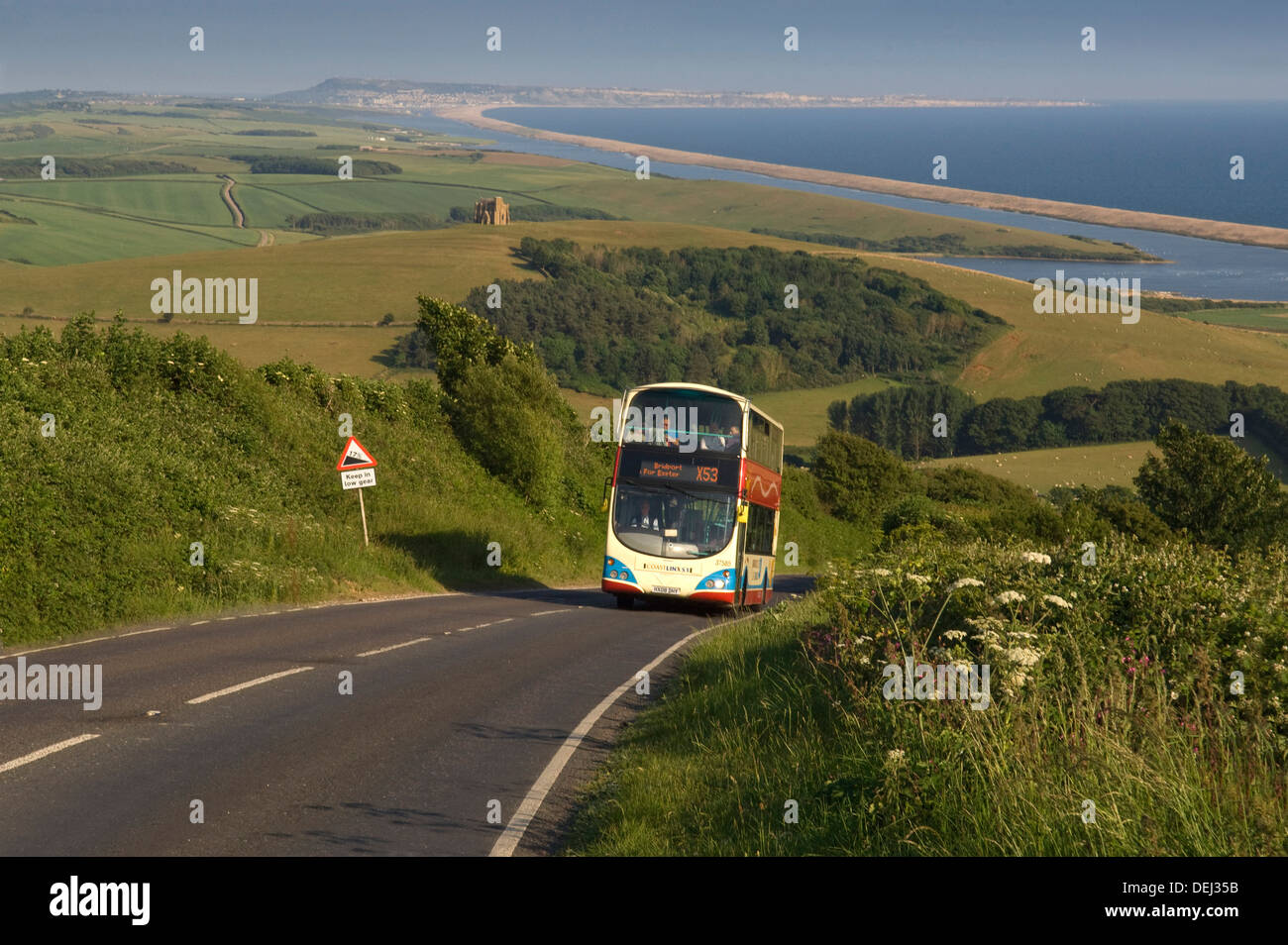 A scheduled X53,double-decker bus travelling on the B3157 road on the ...