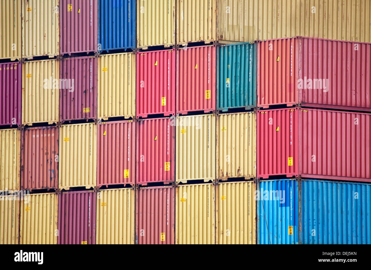 Stack of cargo containers on board of a container ship Stock Photo - Alamy