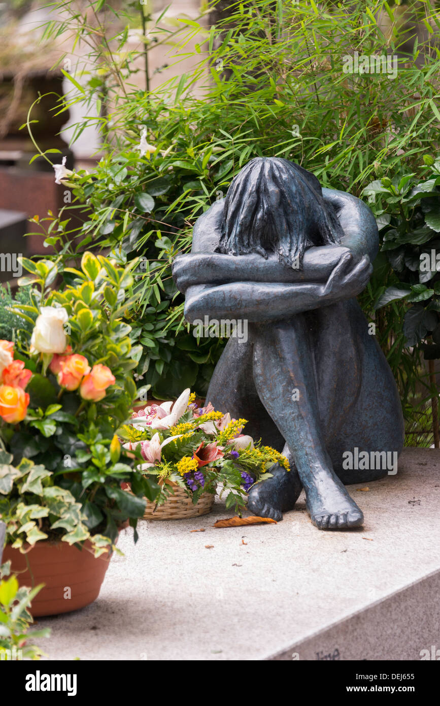Bronze figurine of weeping woman on grave in Père Lachaise cemetery ...