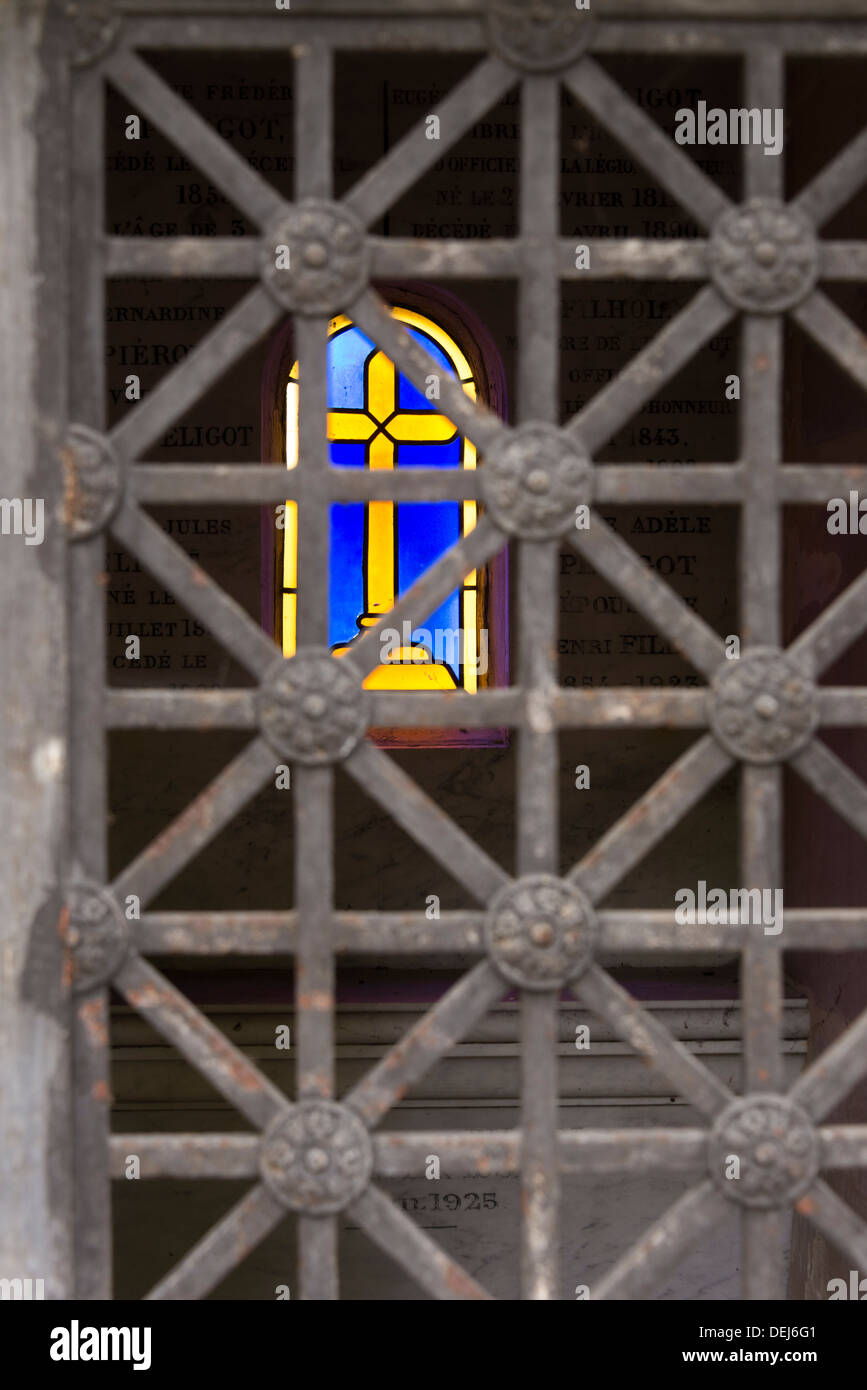 Stained glass window in family crypt, cemetery of Père Lachaise, Paris ...