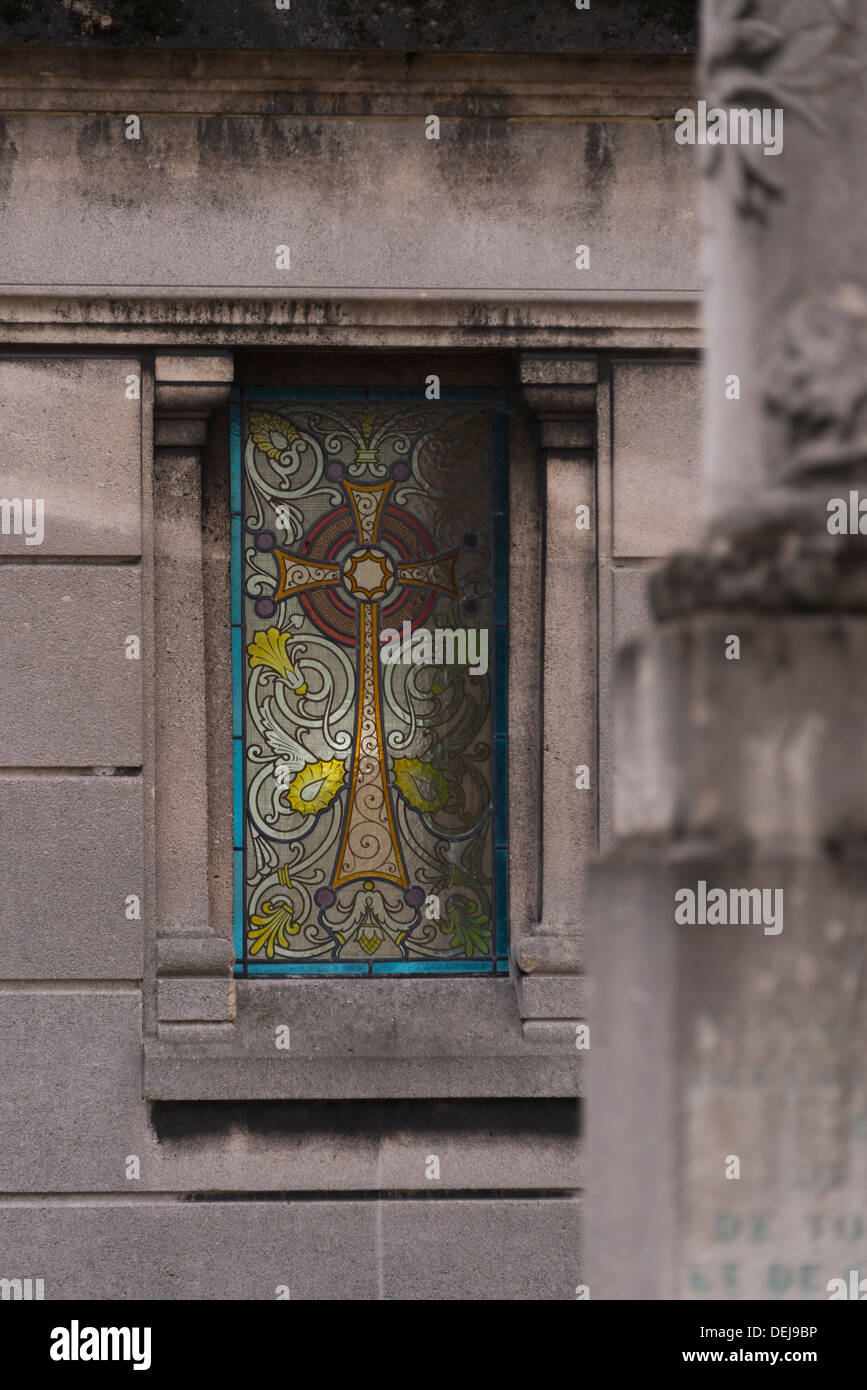 Stained glass window in family crypt, cemetery of Père Lachaise, Paris ...