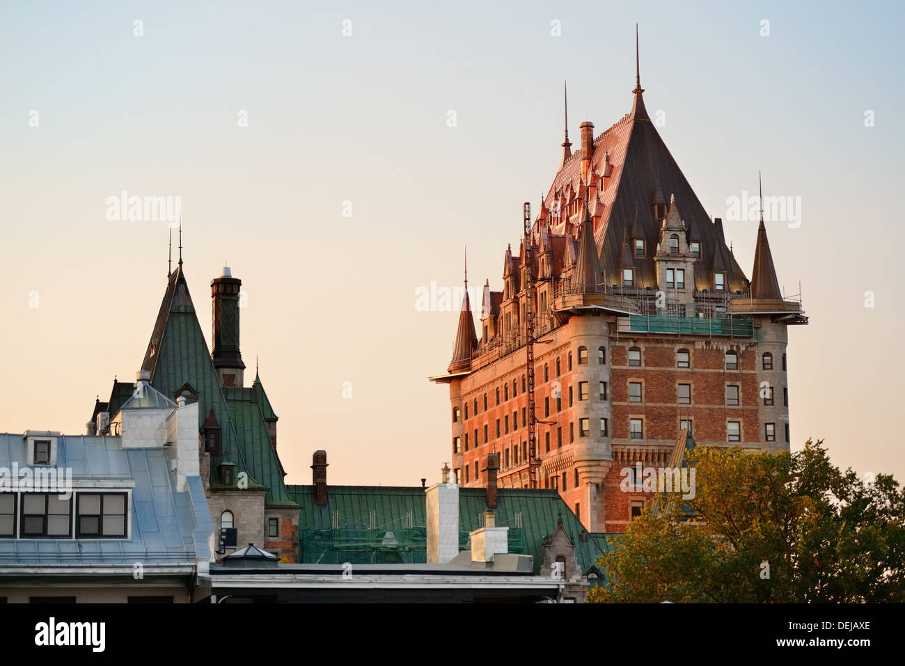 Quebec City skyline with Chateau Frontenac at sunset viewed from hill ...