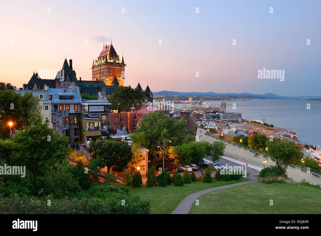 Quebec City skyline with Chateau Frontenac at sunset viewed from hill ...