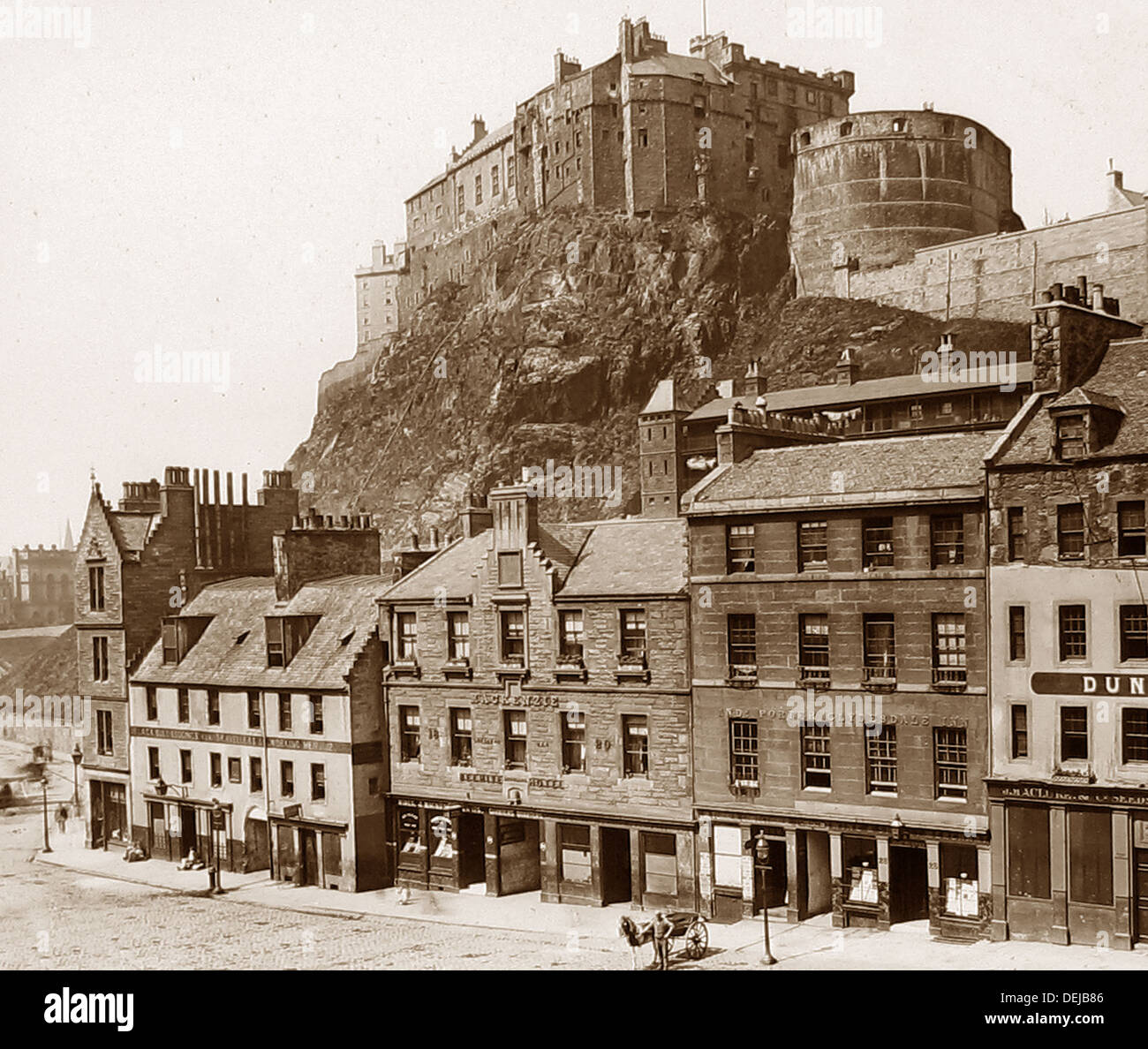 Edinburgh Castle from Grassmarket Victorian period Stock Photo - Alamy