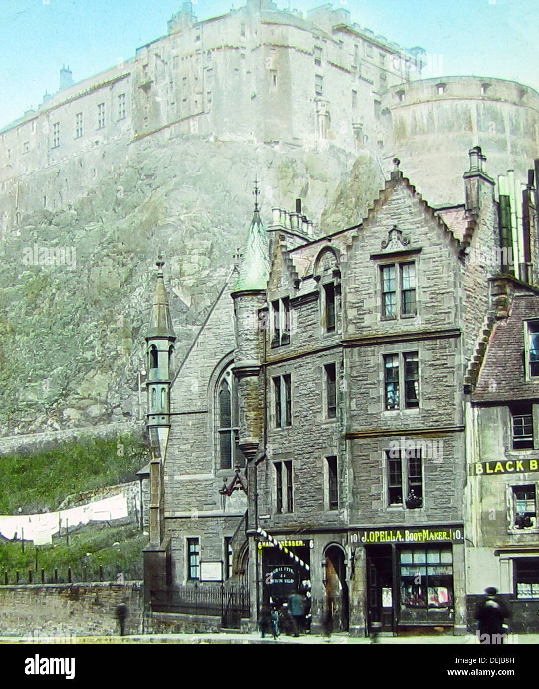 Edinburgh Castle from Grassmarket Victorian period Stock Photo - Alamy