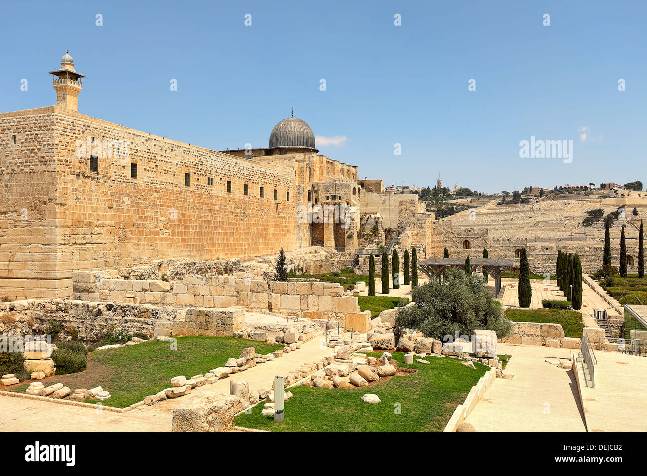 Minaret and dome of Al-Aqsa Mosque surrounded by walls and ancient ...