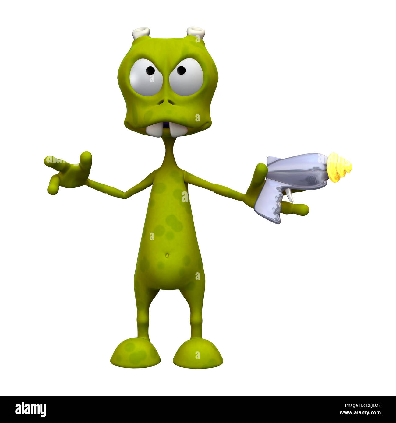 3D digital render of a cute smiling alien holding a space gun in a hand ...