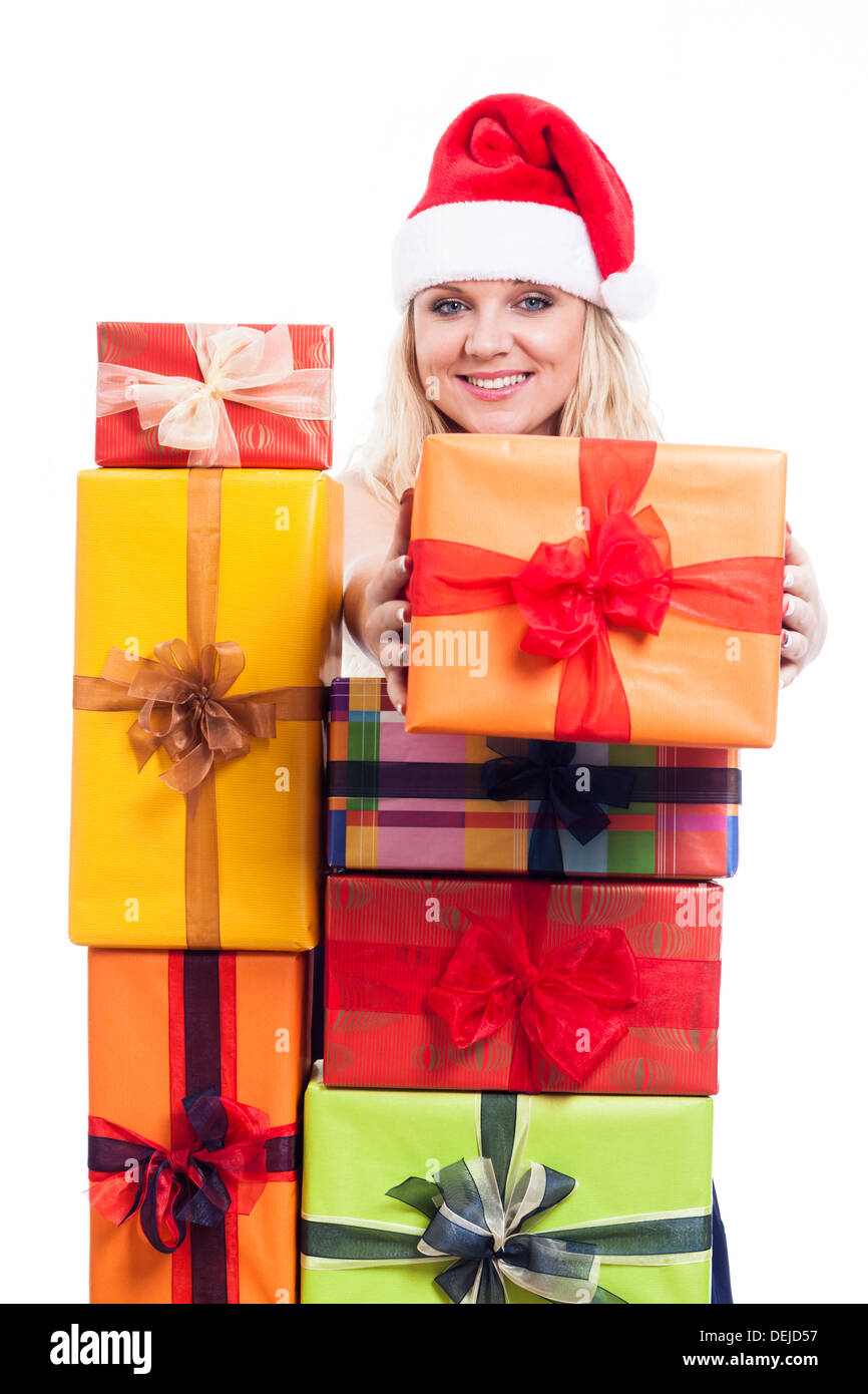 Happy Christmas woman giving presents, isolated on white background ...