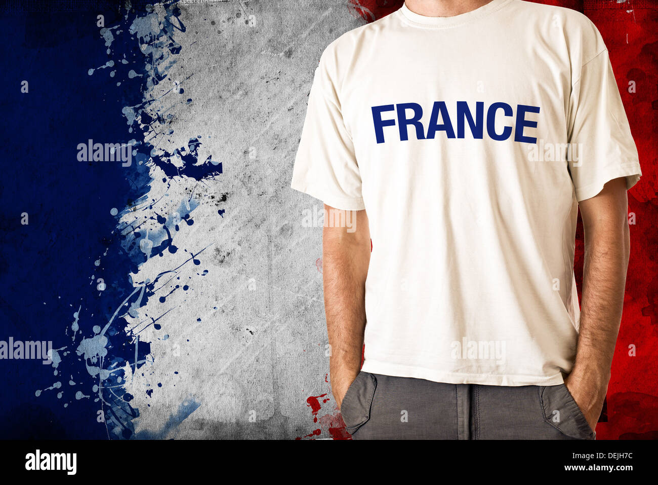 Man in white shirt with title FRANCE, French flag in background Stock ...