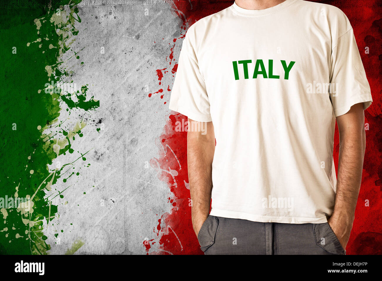Man in white shirt with title ITALY, Italian flag in background Stock ...
