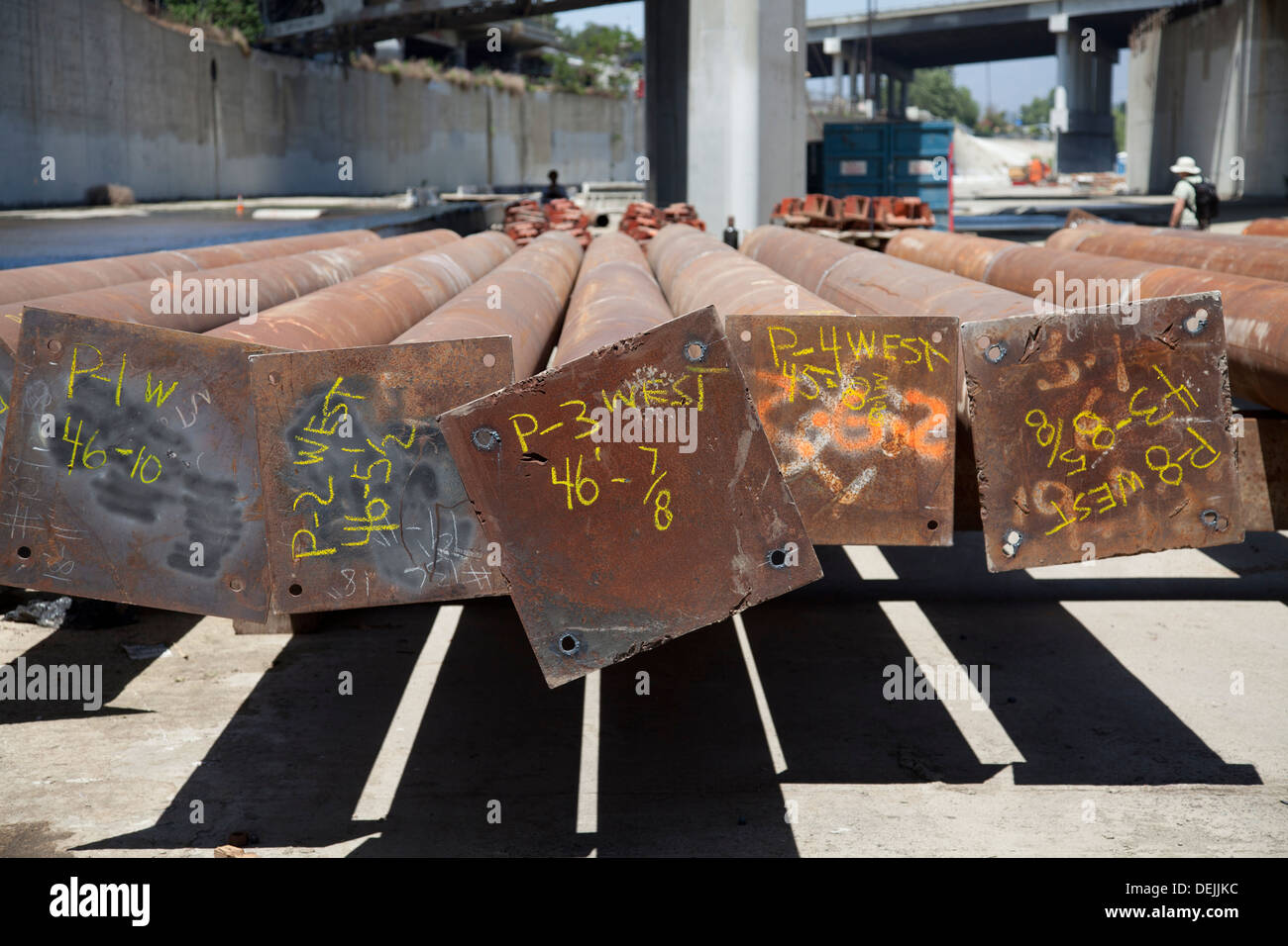 Steel columns at construction site of new Riverside-Figueroa Bridge at ...