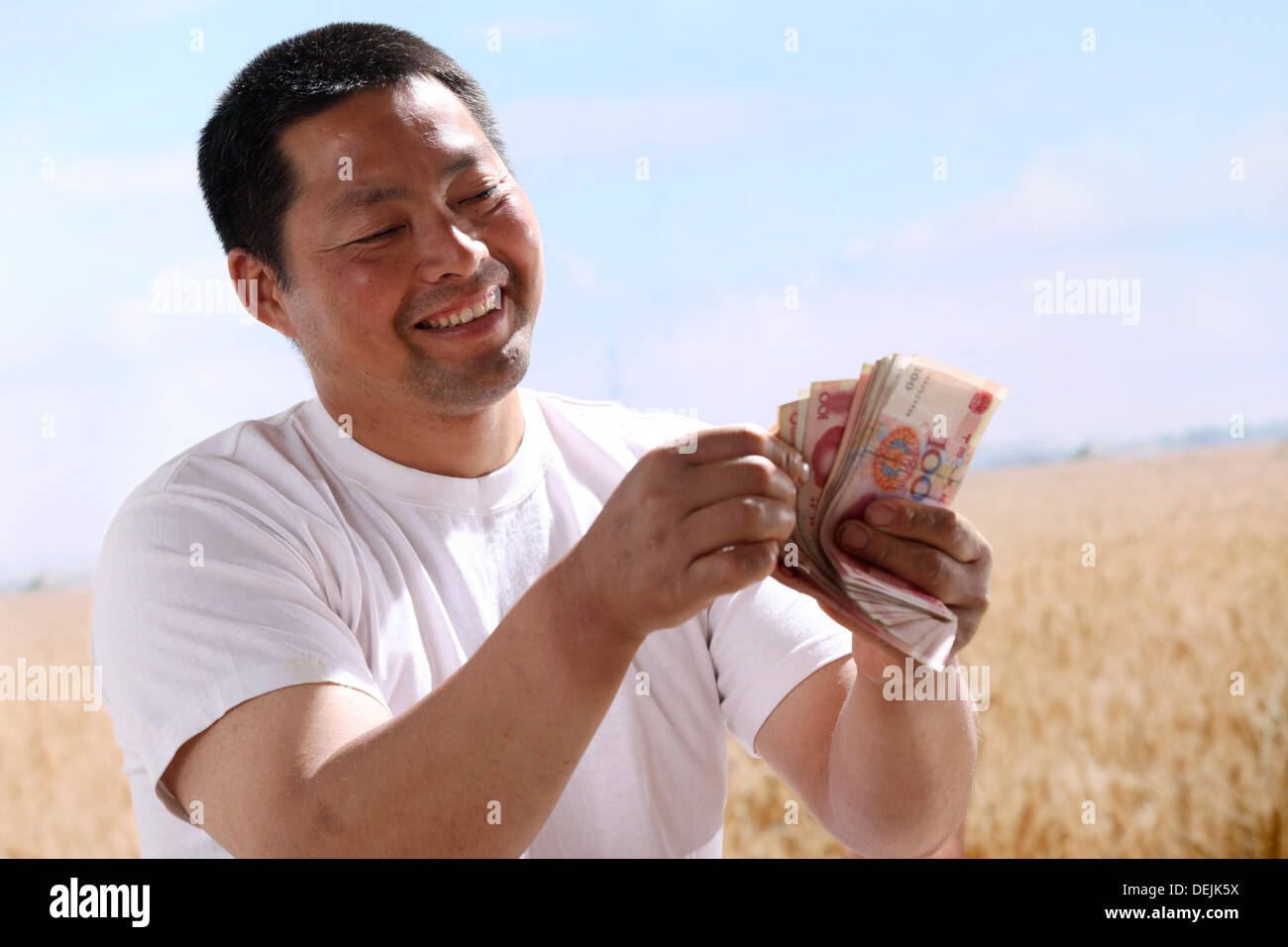 Farmer counting money in field Stock Photo - Alamy