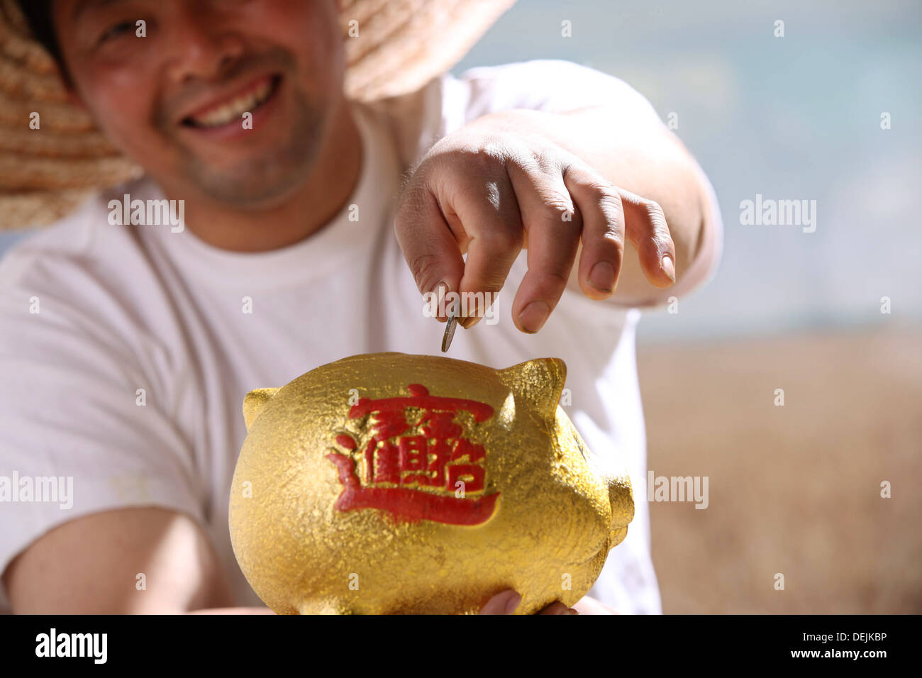 Farmer putting coin in piggy bank Stock Photo - Alamy