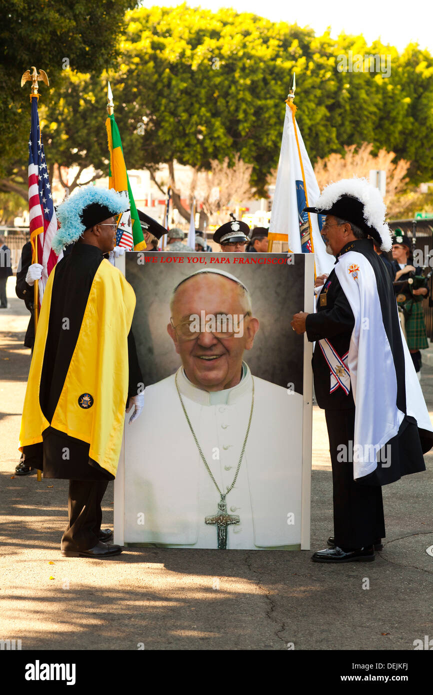 Pope Francis image, parade at La Placita church, Los Angeles Stock ...