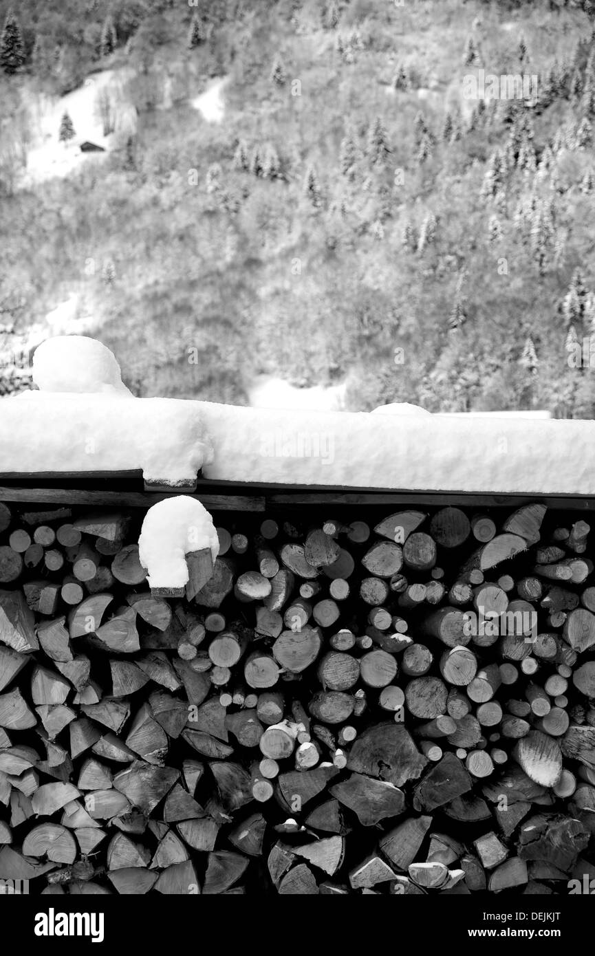 Fire wood stacked for keeping warm in Morzine France in winter with ...