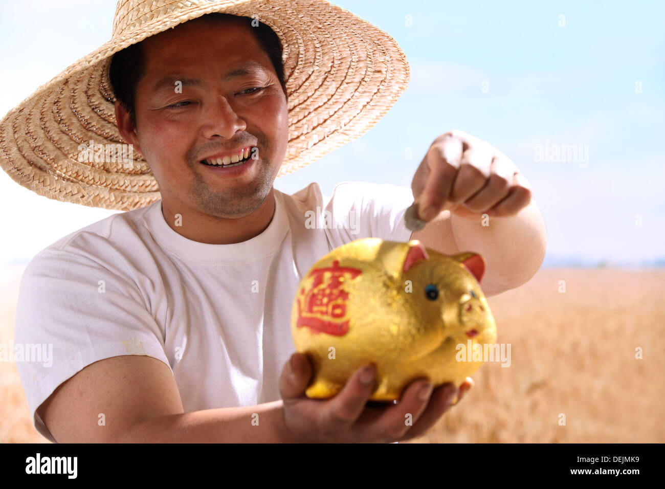 Farmer putting coin in piggy bank Stock Photo - Alamy