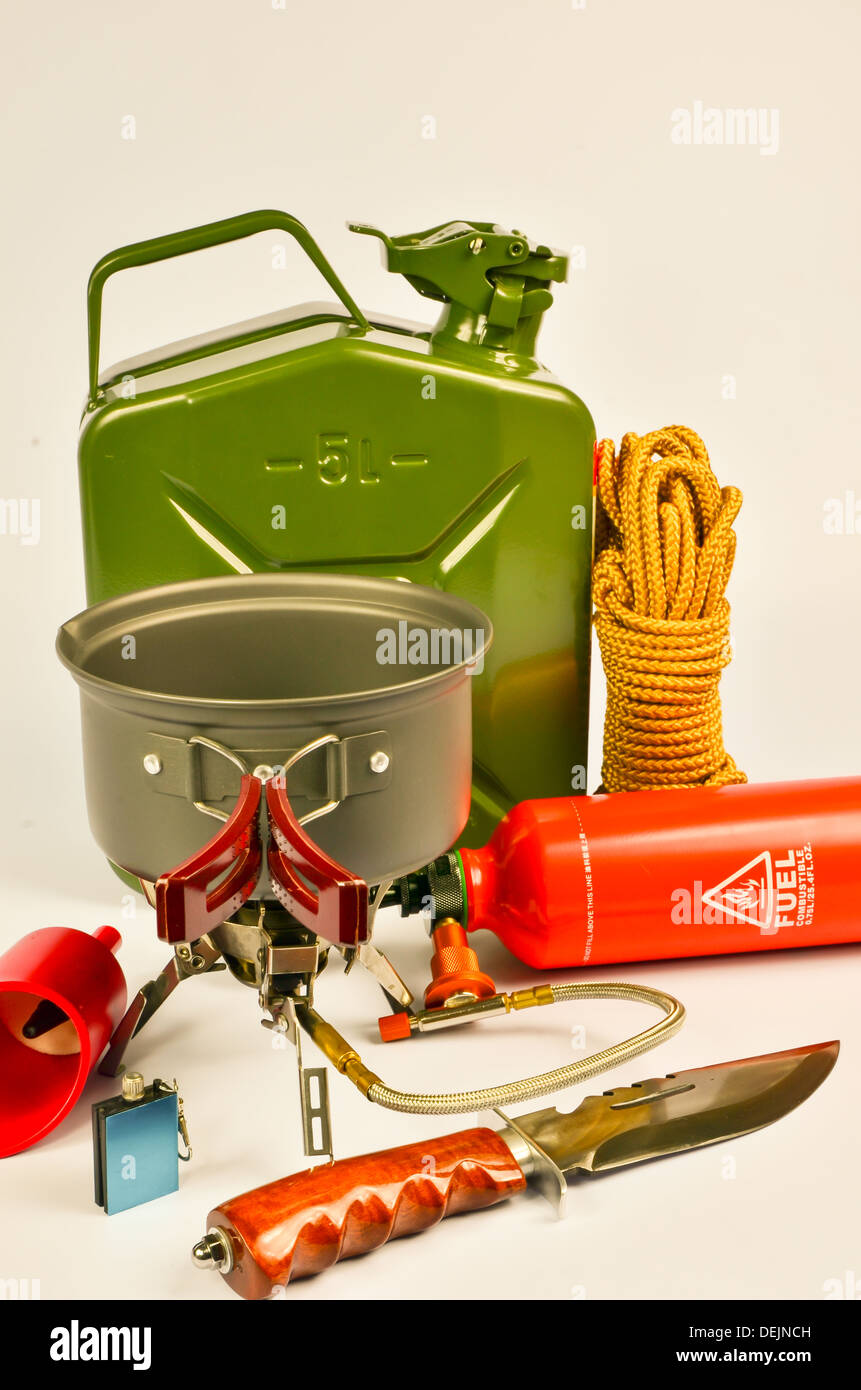 gasoline tank,multifuel stove,lighter,filter funnel,life rope and bowie ...