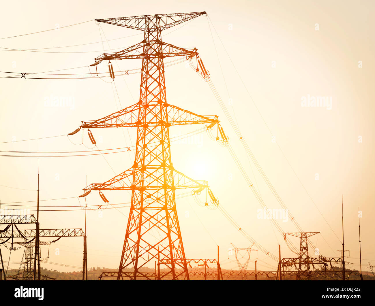 transmission power line on sunset Stock Photo - Alamy